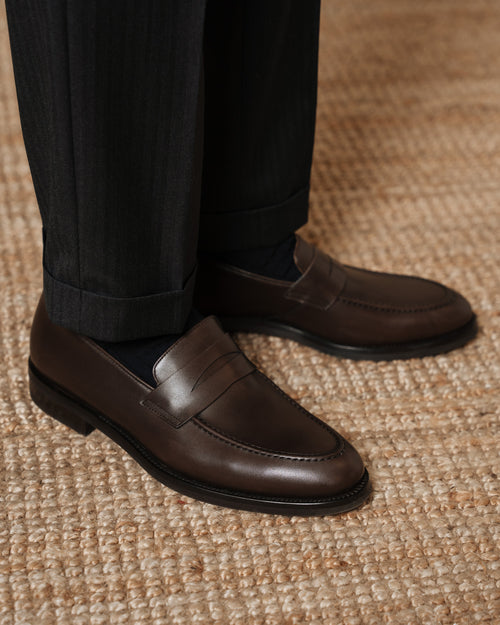 Brown tapered real leather penny loafers | Velasca